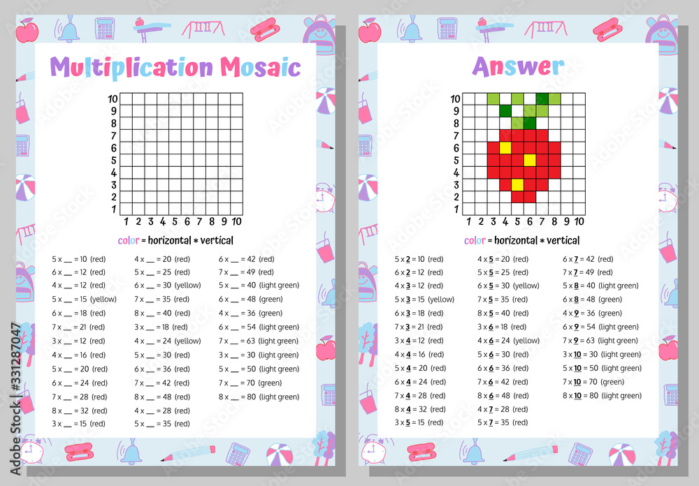 Multiplication Mosaic Math Puzzle Worksheet. Educational Game. Coloring ...