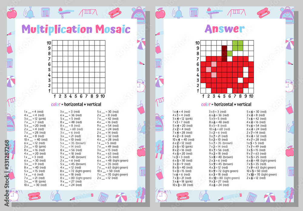 Multiplication Mosaic Math Puzzle Worksheet. Educational Game. Coloring ...