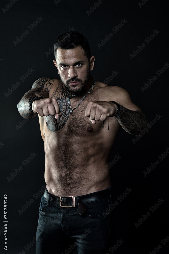 boxing barehanded. athletic male show six packs. fitness model topless ...