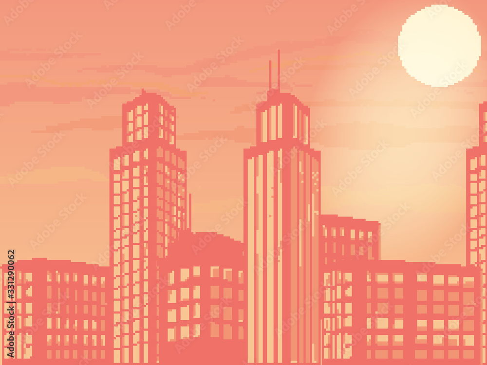 Vector illustration of pixel art city. Pixel art retro futuristic ...