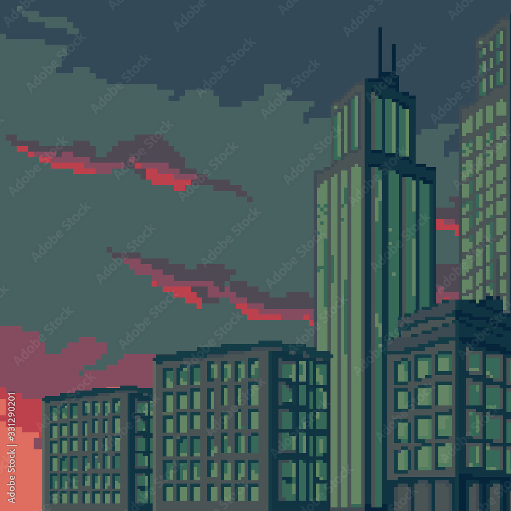 Vector illustration of pixel art city. Pixel art retro futuristic ...