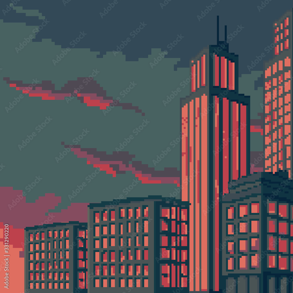 Vector illustration of pixel art city. Pixel art retro futuristic ...