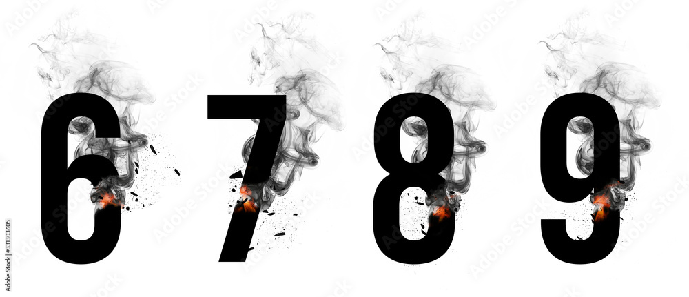Burning black numbers 6, 7, 8, 9. Smoke Font. Alphabet breaks down with ...