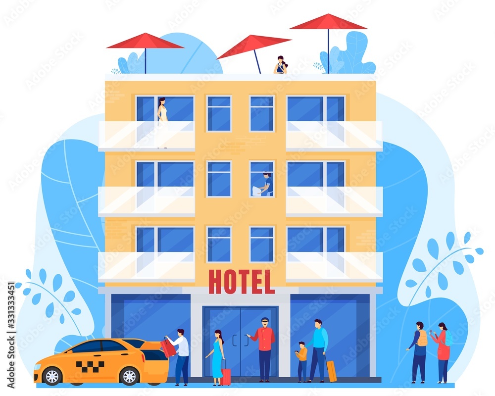 People arrive to hotel, men and women with baggage, vector illustration ...