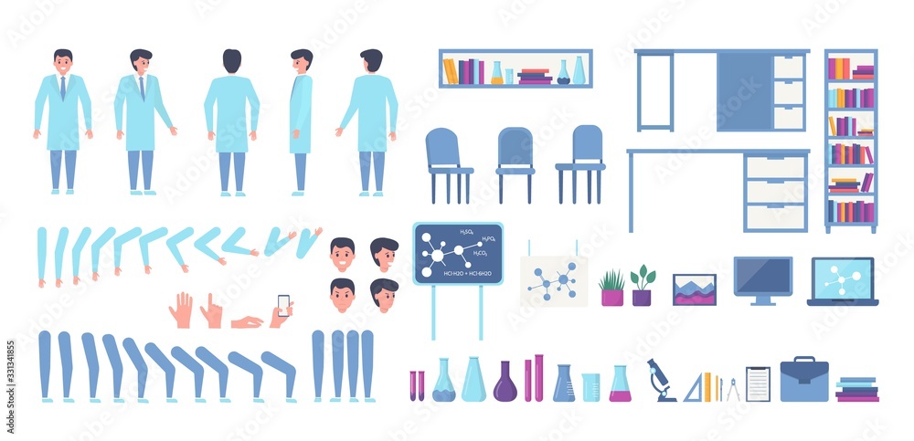 Scientist animation constructor vector illustration. Male body parts ...