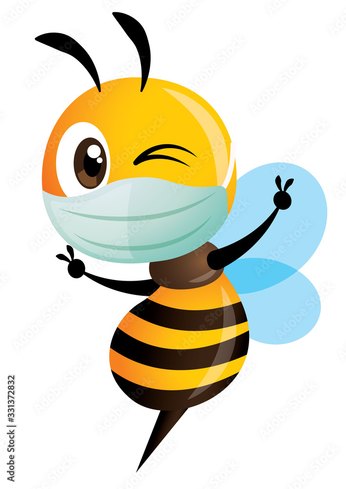 Cartoon cute bee wearing mask with victory hand signs, successfully ...