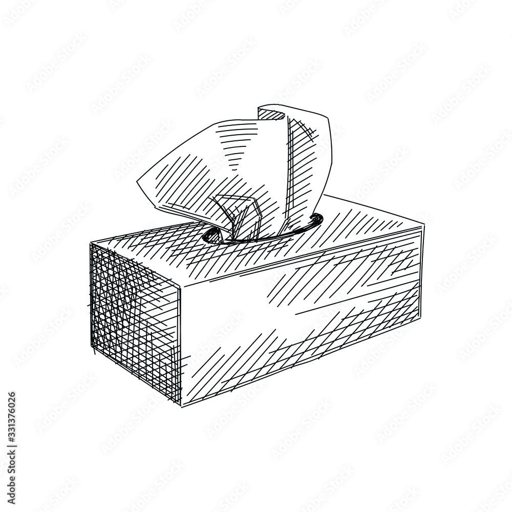 Hand-drawn sketch of the tissue box. Tissue out of the box. Protective ...