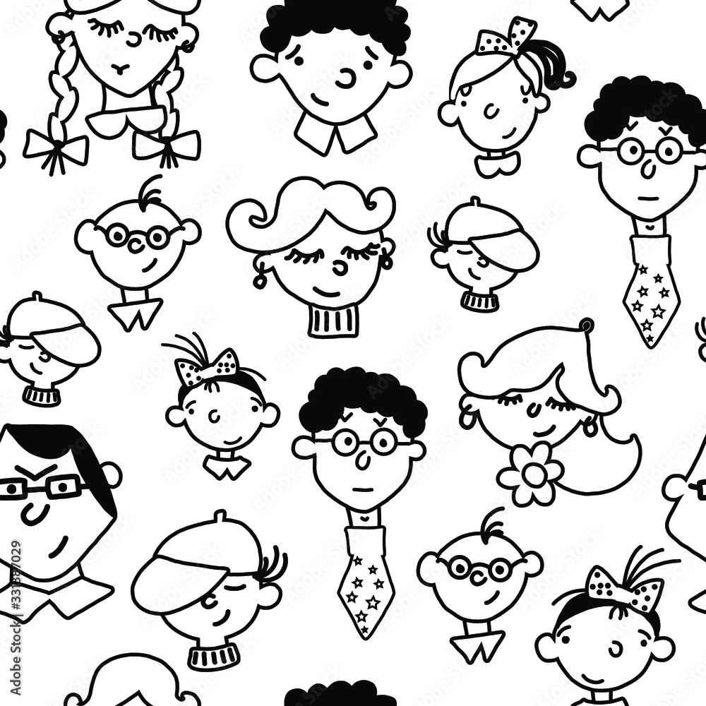 Hand drawn vector cute doodle cartoon seamless pattern family faces ...