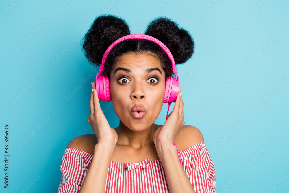 Closeup photo of funny dark skin lady listen music modern earphones ...