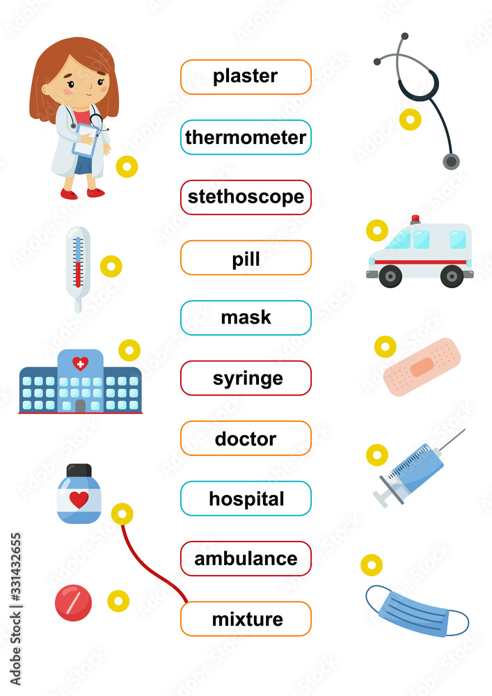 Word match educational game. Learn english vocabulary. Medicine and ...