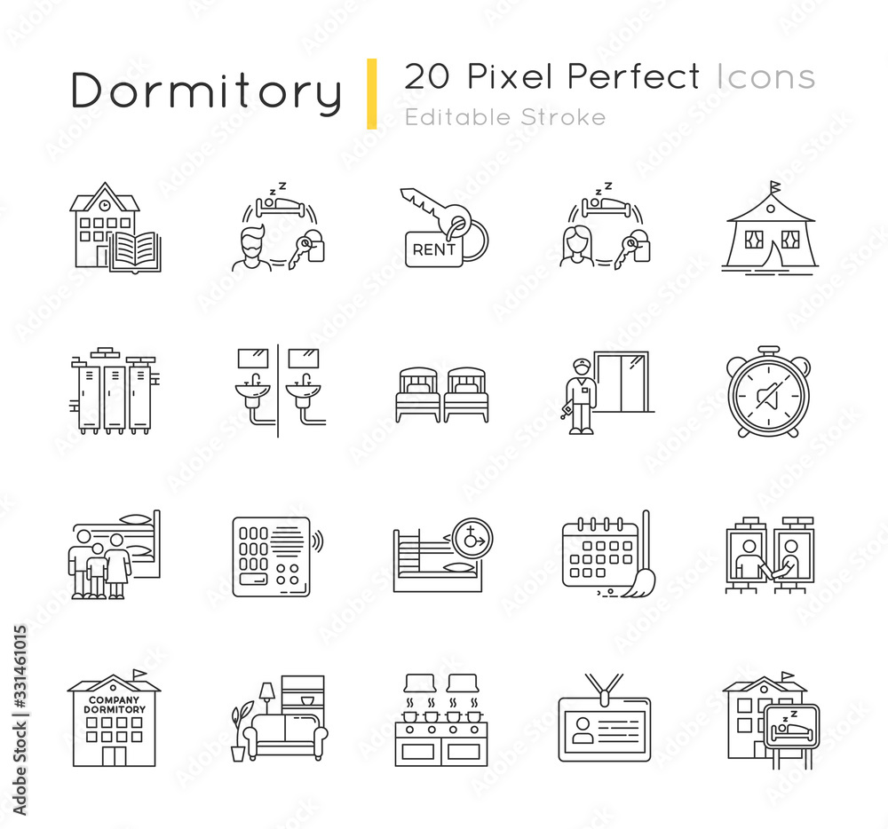 Dormitory pixel perfect linear icons set. Communal space. Living ...