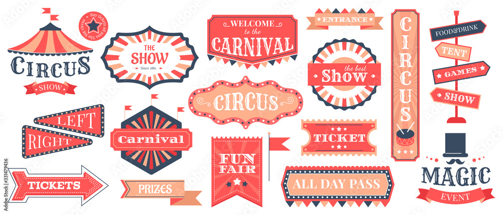 Circus event labels. Carnival magic show elements, vintage fair frames ...
