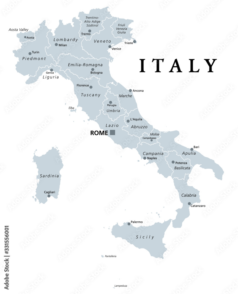 Italy, gray political map with administrative divisions. Italian ...