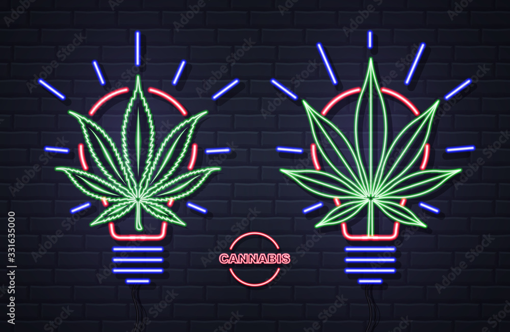 Neon Cannabis leaf sign on brick wall background. Helm icon design ...
