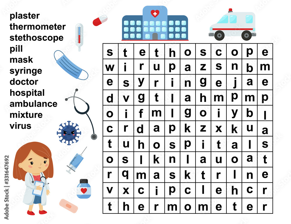 Educational word search game. Crossword for children. Healthcare and ...
