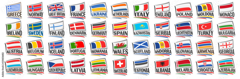 Vector set of European Countries Flags, 44 decorative isolated labels ...