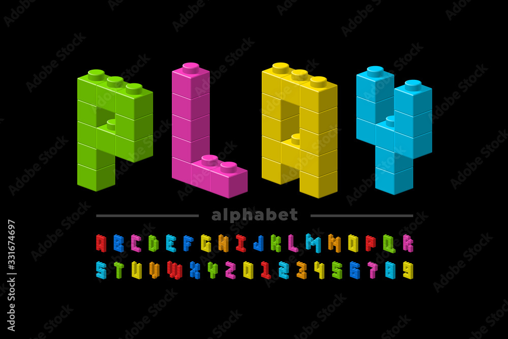 Plastic construction blocks font, alphabet letters and numbers Stock ...