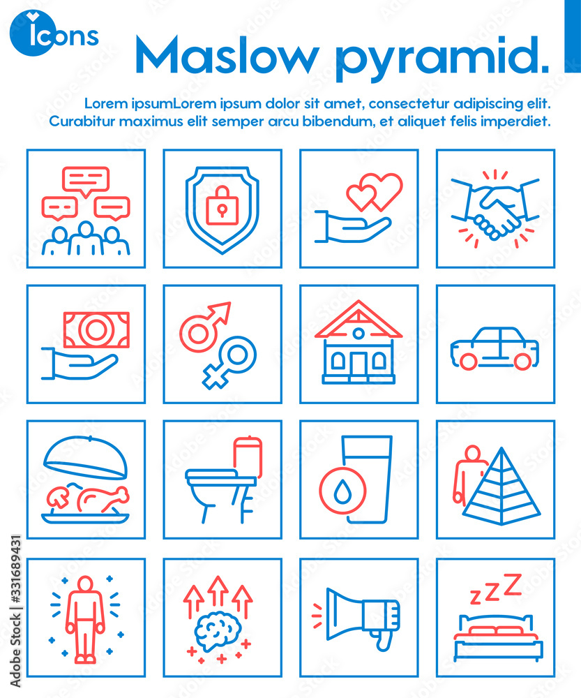 Hierarchy of human needs linear color icon set. Maslow Pyramid concept ...