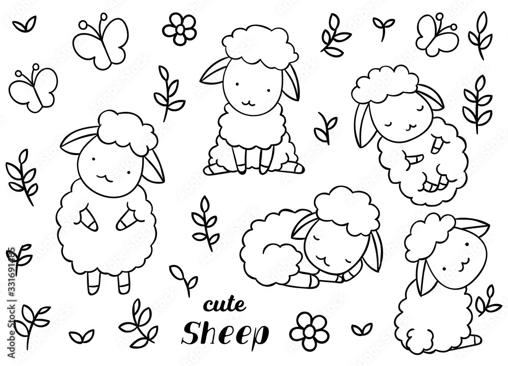 Coloring pages, black and white, set cute kawaii hand drawn sheep ...