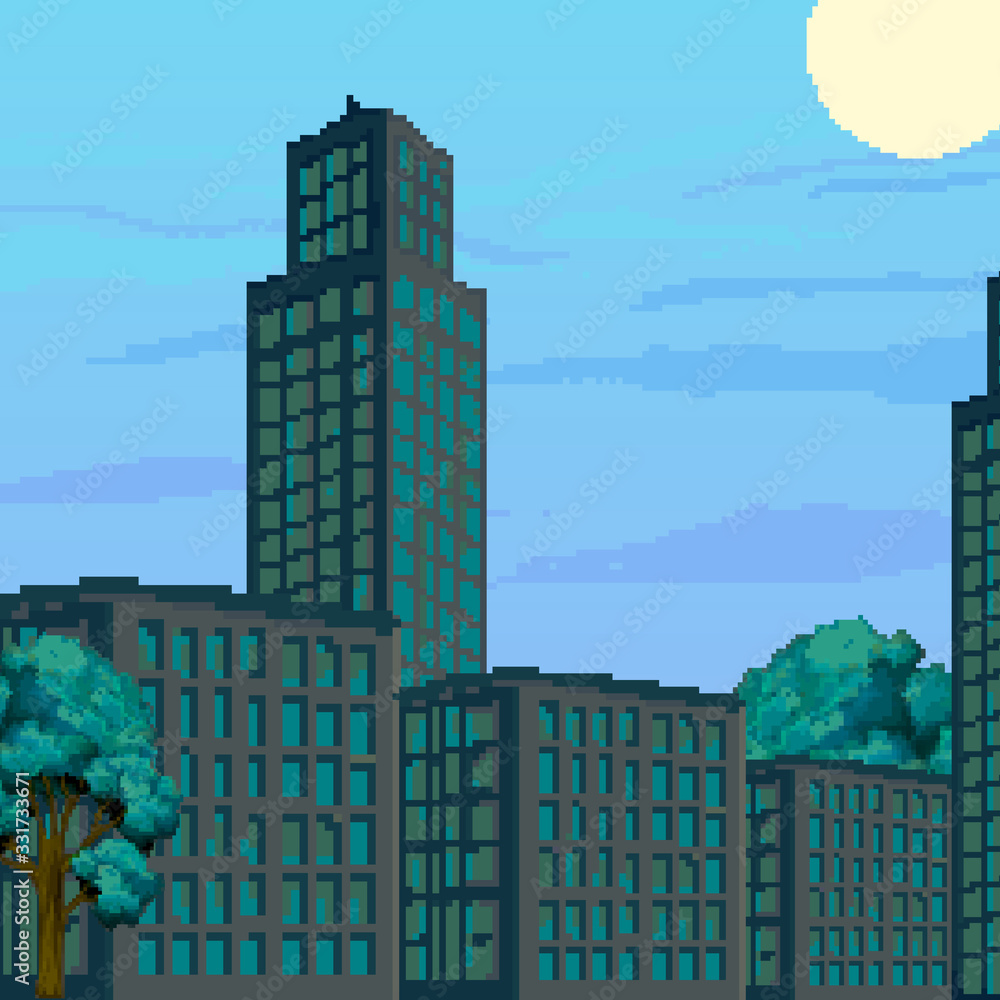 Vector illustration of pixel art city. Pixel art retro futuristic ...