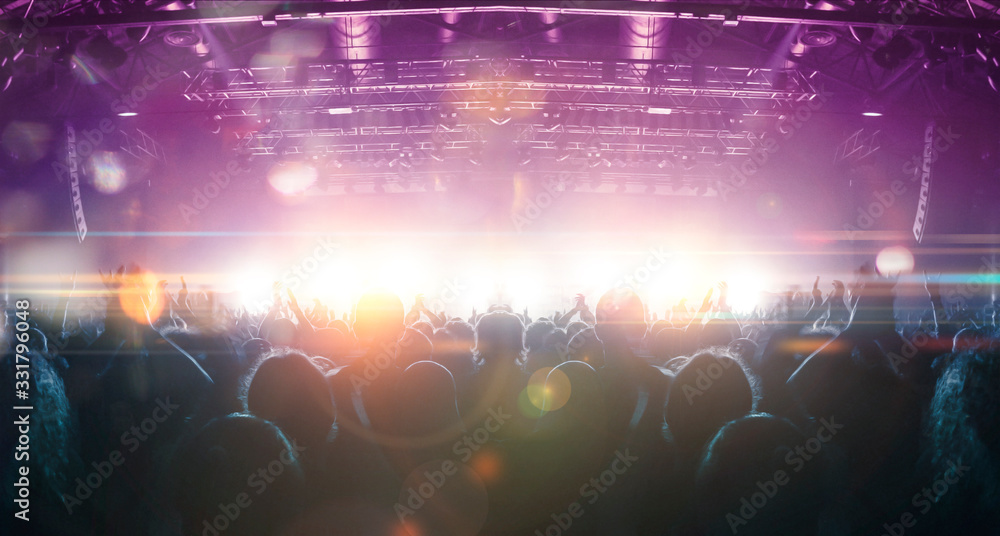 Concert crowd point of view inside a large concert hall during a music ...