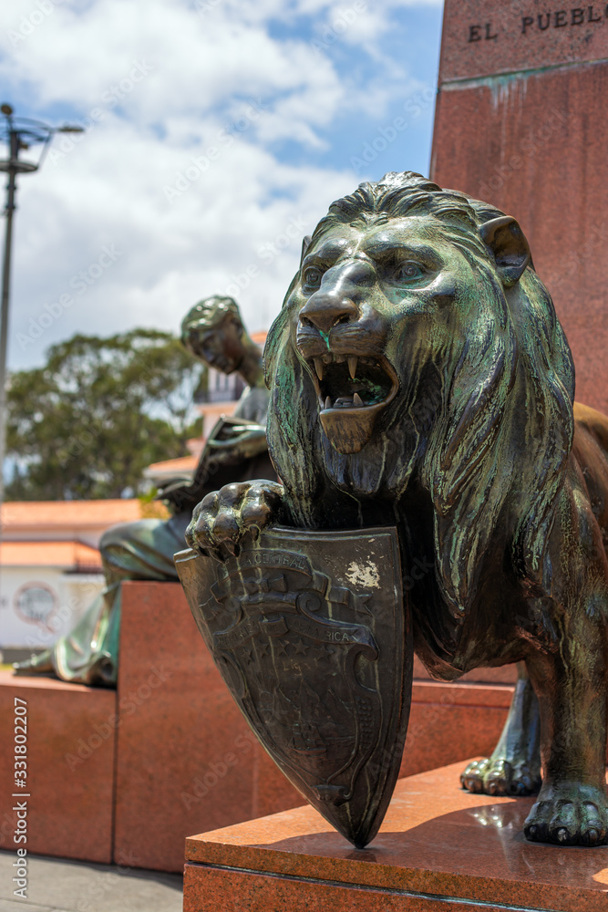 A lion bronze statue in honor of Leon Cortes, former president of Costa ...