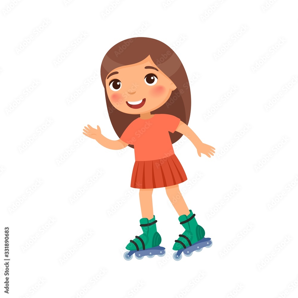 Cute girl roller skating flat vector illustration. Little girl using ...