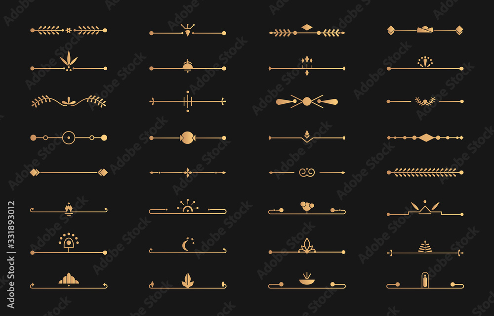 Divider golden line border set on black. Graphic gold metallic ...