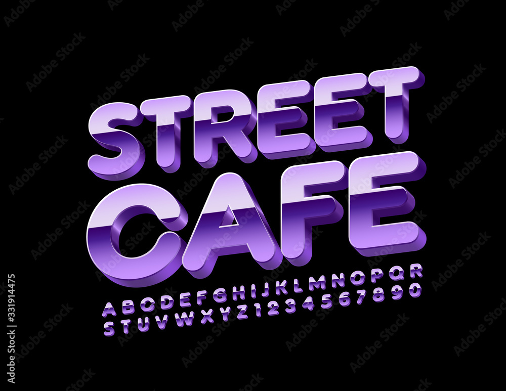 Vector shiny banner Street Cafe with Purple Font. Metallic Alphabet ...