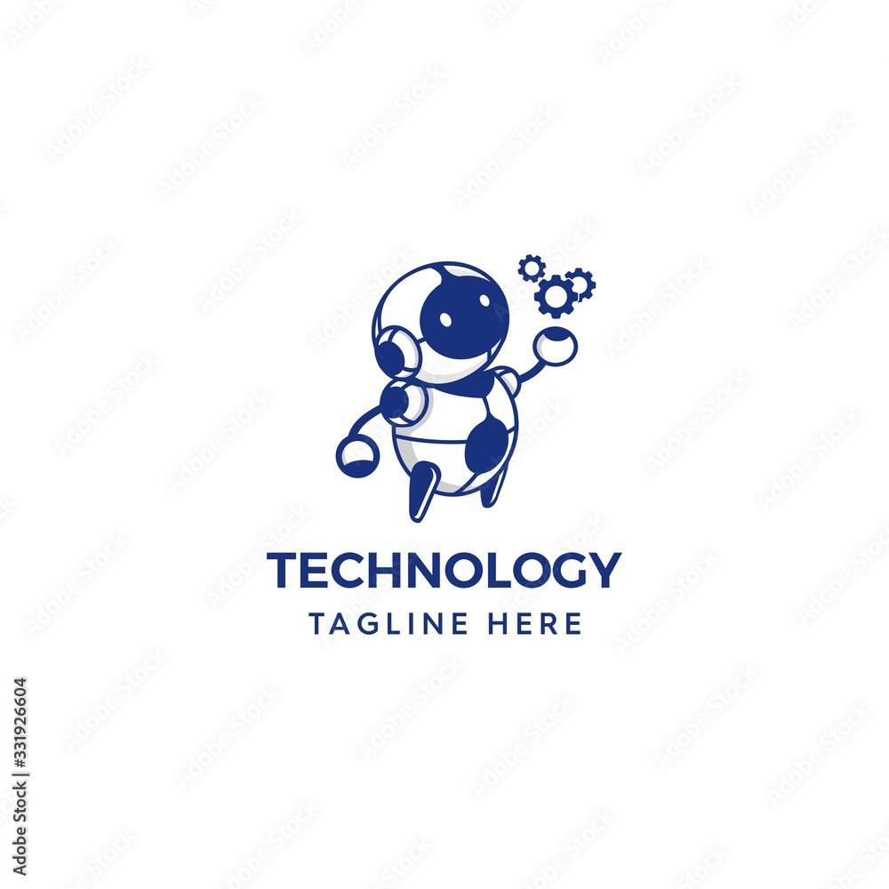 Flat robot with flying gear mascot logo Stock Vector | Adobe Stock