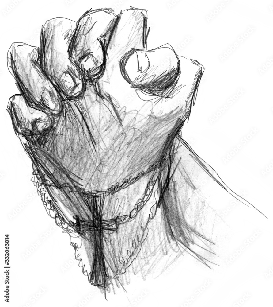 Praying Hands With Cross Drawing Hand Drawn Fingers Crossed Gesture Of