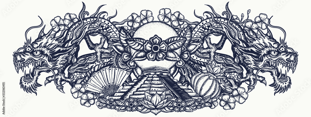 Сhinese dragons and mayan pyramids, color tattoo. Old school style ...