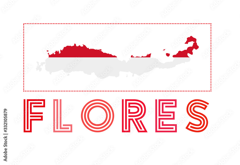 Flores Logo. Map of Flores with island name and flag. Attractive vector ...