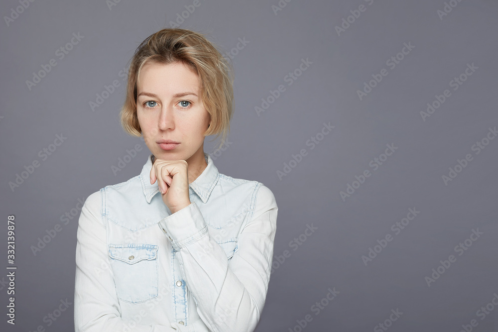 Shocked anxious woman stares with frightened speechless expression ...