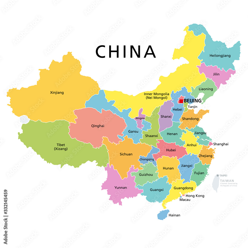 China, political map with multicolored provinces. PRC, People's ...
