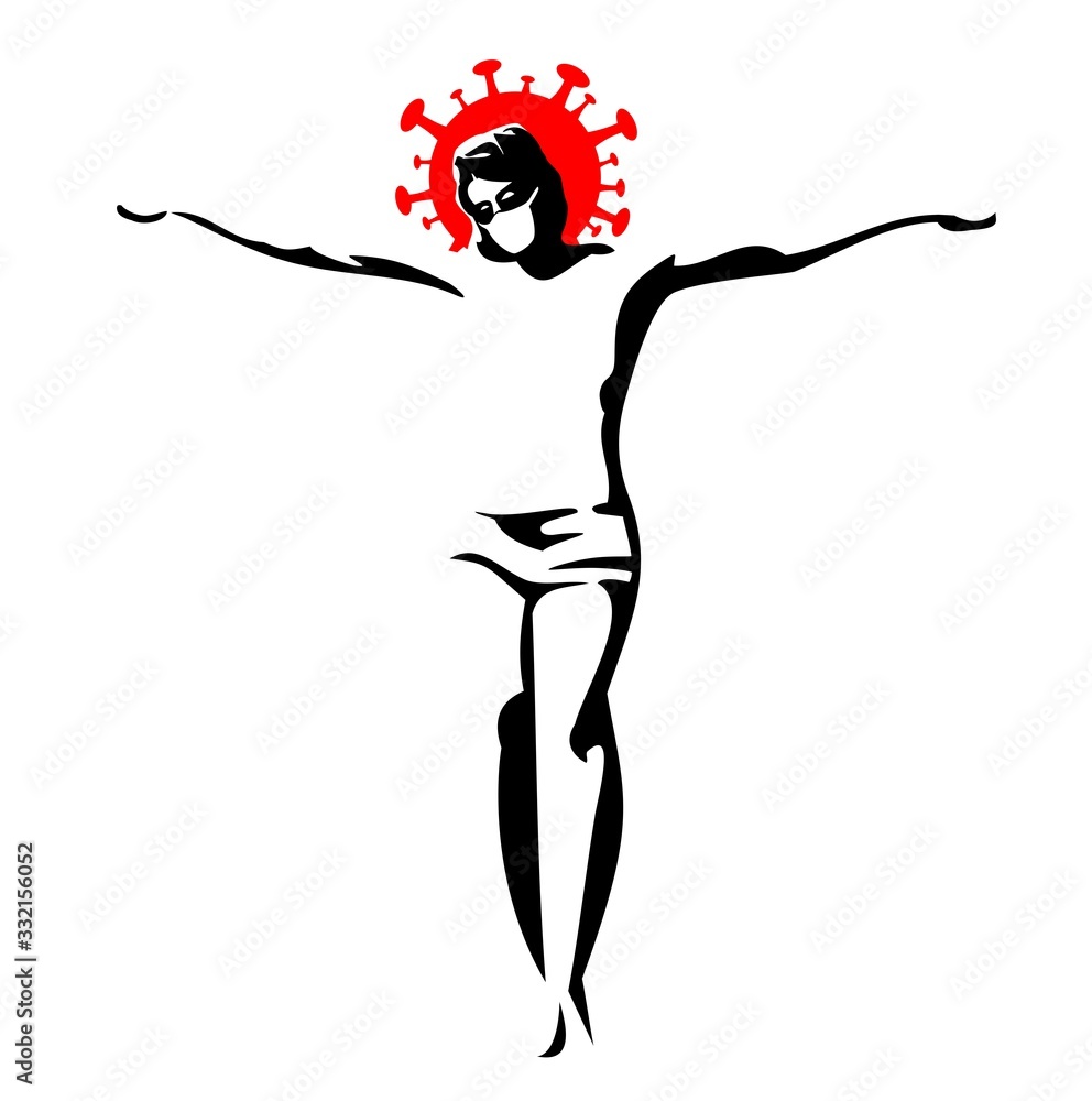 Jesus Christ crucified in medical masks. Color vector cartoon ...