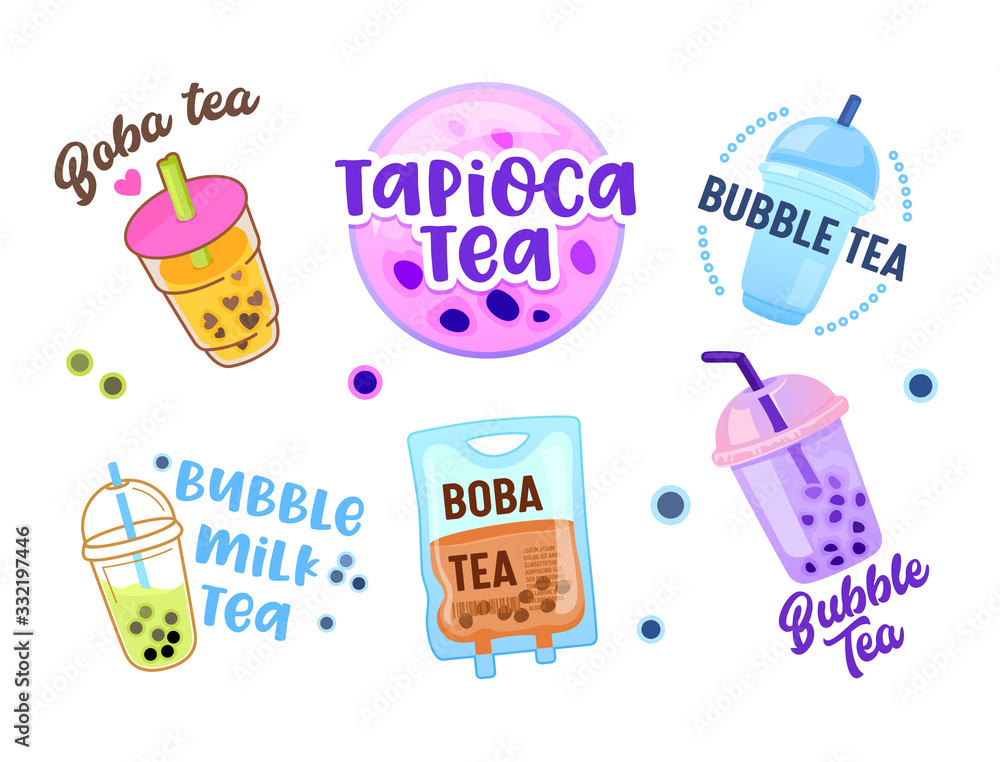 Set of Different Types of Bubble Tea in Plastic Takeaway Cups Icons ...