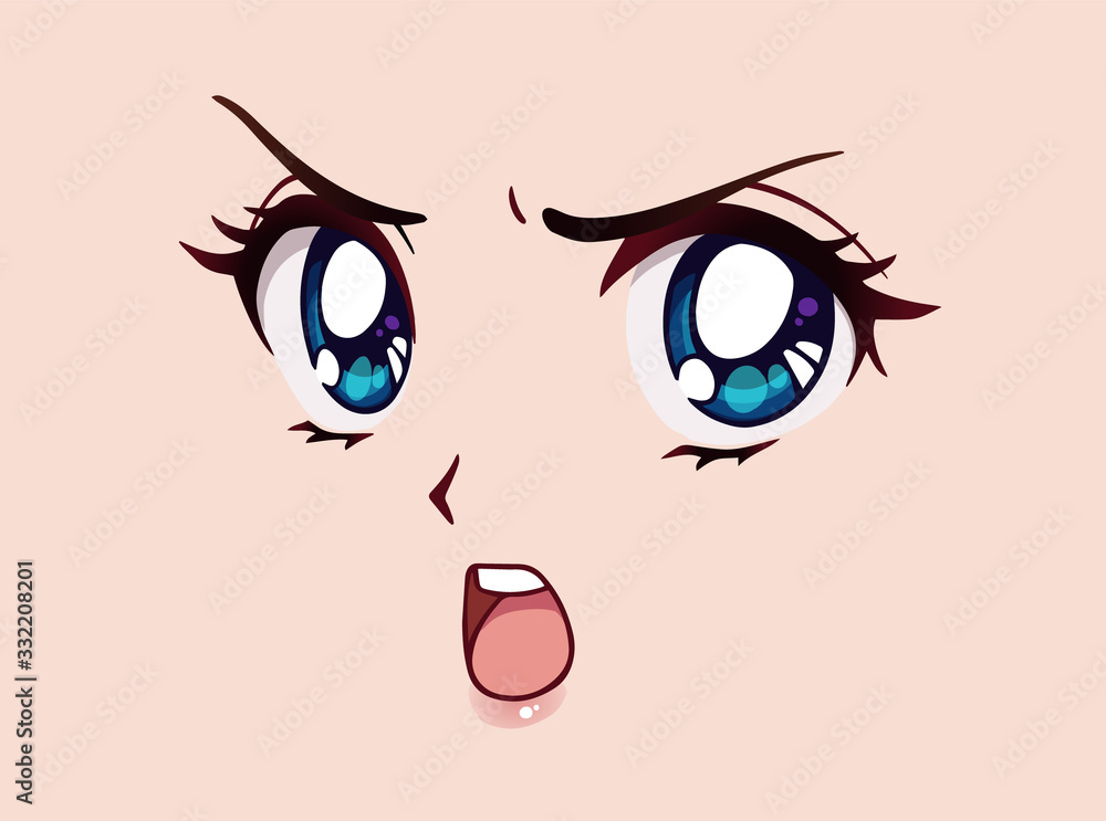 Angry anime face. Manga style big blue eyes, little nose and kawaii ...