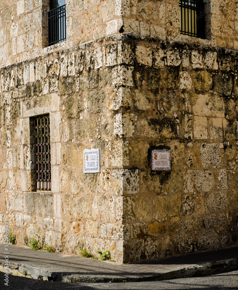 street corner with walls of an old spanish architecture in the colonial ...