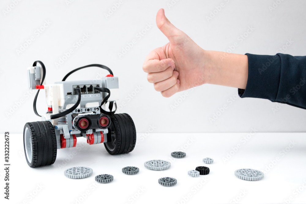 Minsk, Belarus. November, 2018. Robotic car. Robot Lego Mindstorms EV3 ...