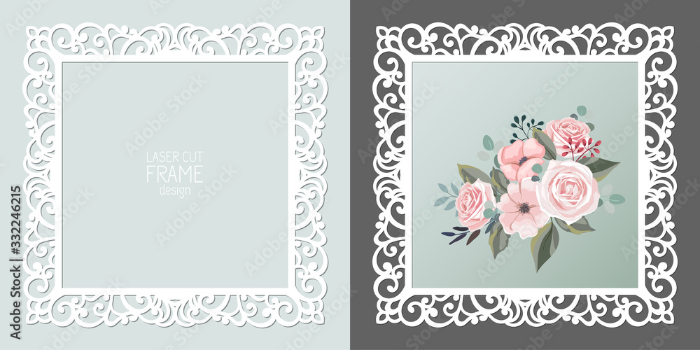 Laser cut lace square frame, vector template. Ornamental cutout photo ...
