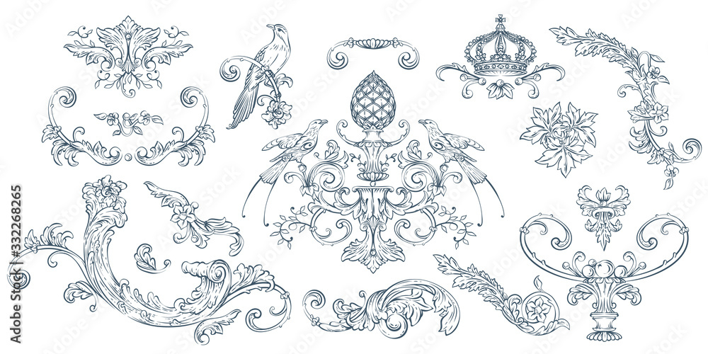 Luxury decorative vector elements set, rococo and baroque style ...