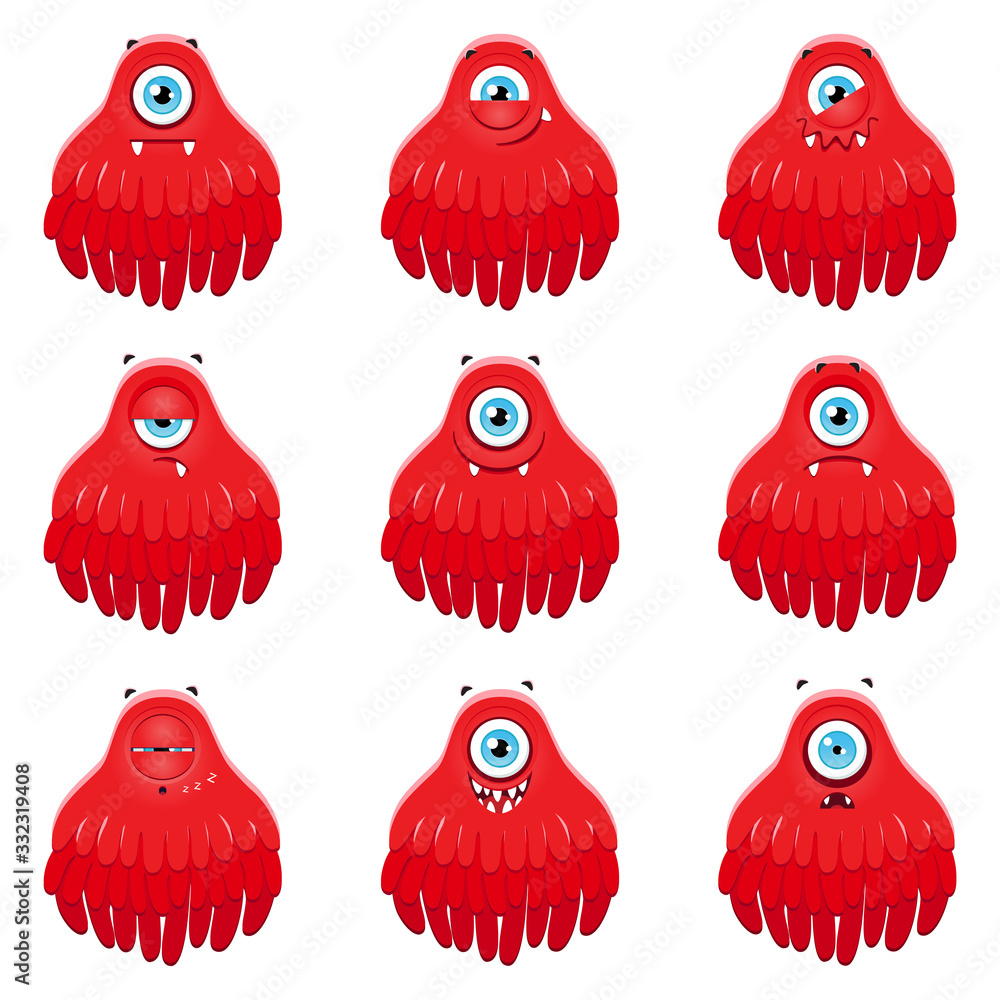 Monster emoji sticker pack. Set of emoticons in the shape of red ...