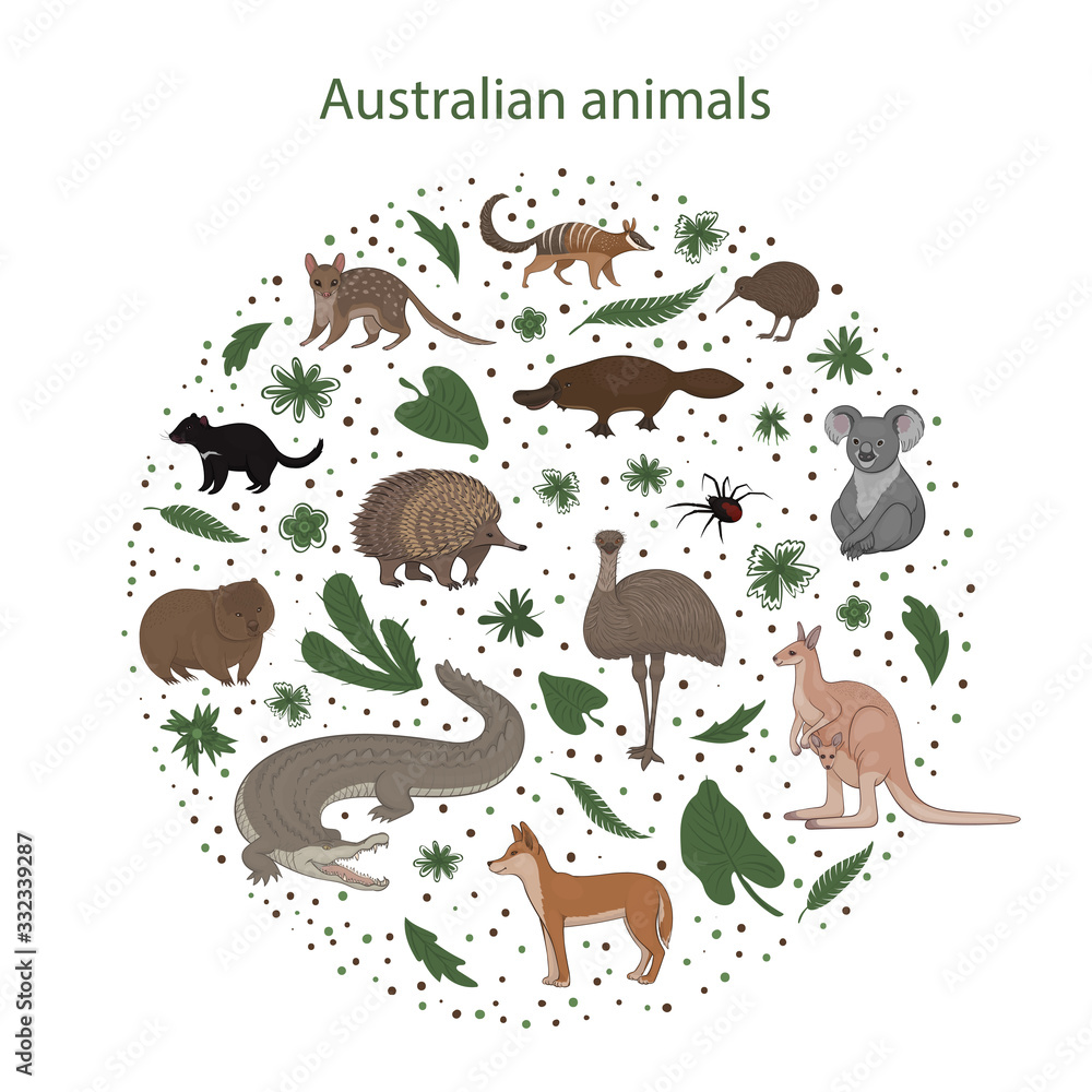 Vector de Stock Vector set of cartoon Australian animals with leaves ...