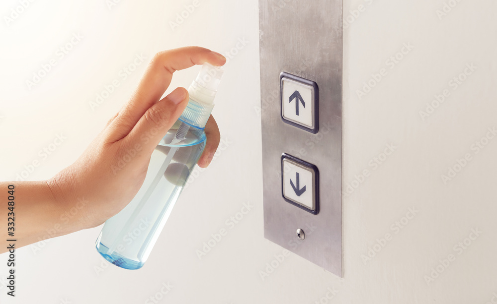 disinfect, sanitize, hygiene care. people using alcohol spray on ...