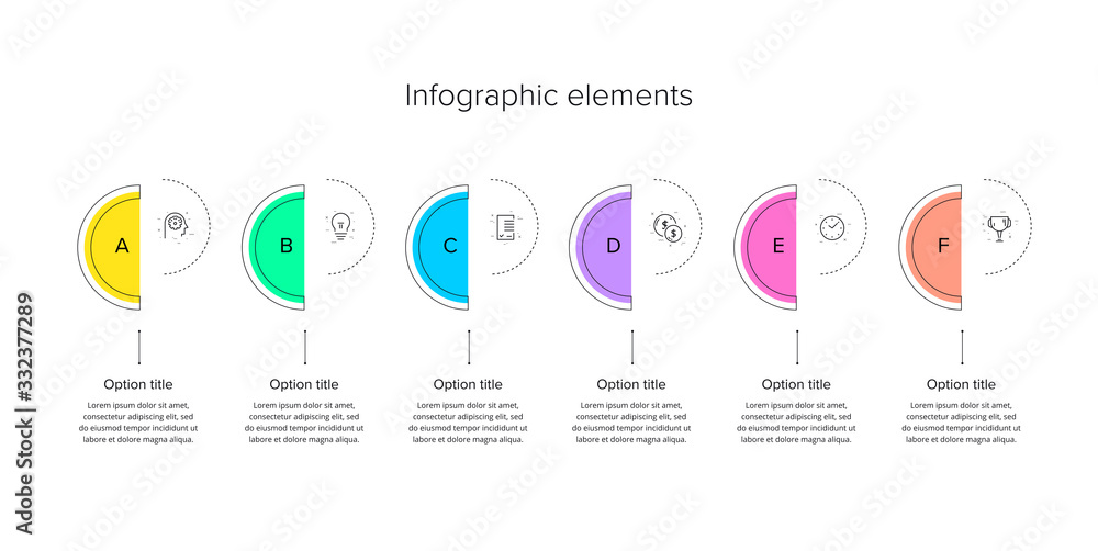 Business process chart infographics with 6 step rectangles. Circle ...