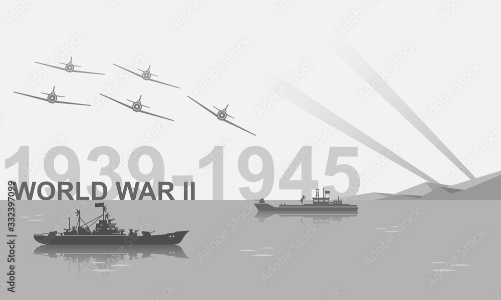 World War II 1939-1945 black and white vector illustration. Battlefield ...