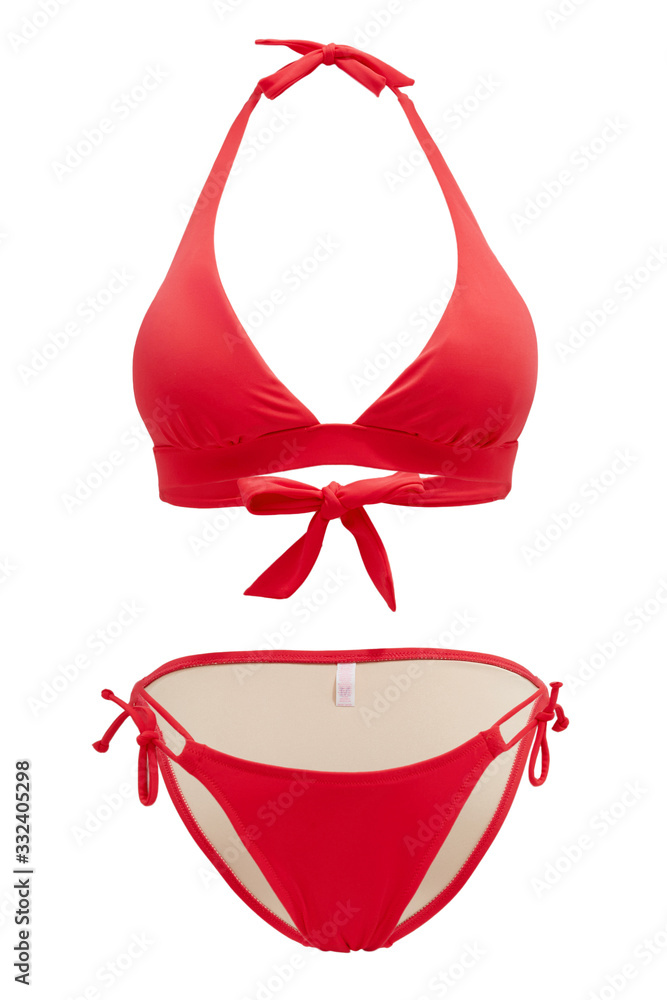 Subject shot of a two-piece red swimsuit composed of low-rise bikinis ...