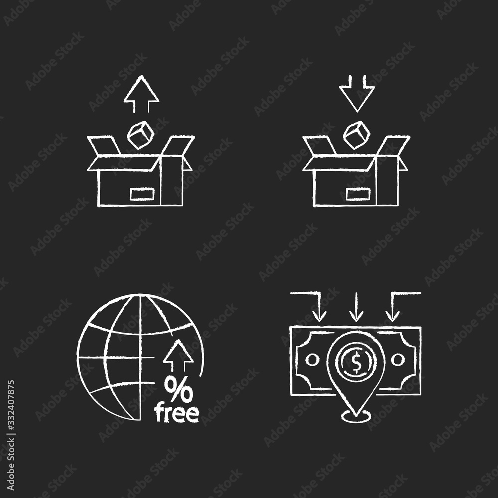 International trade, customs taxes chalk white icons set on black ...