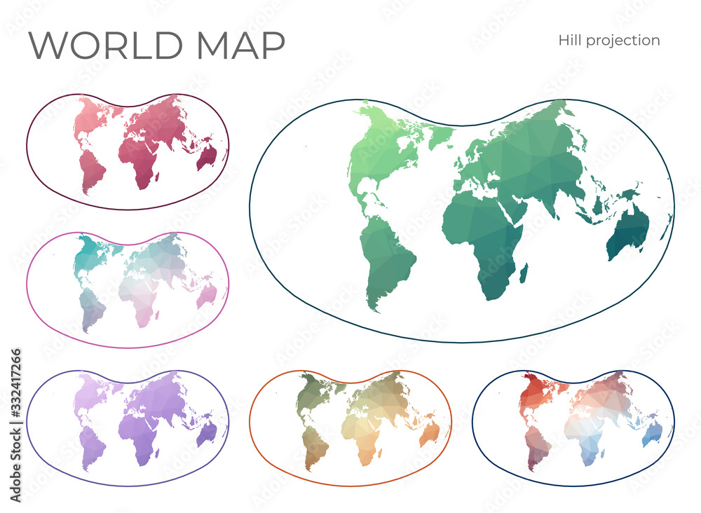 Low Poly World Map Set. Hill eucyclic projection. Collection of the ...